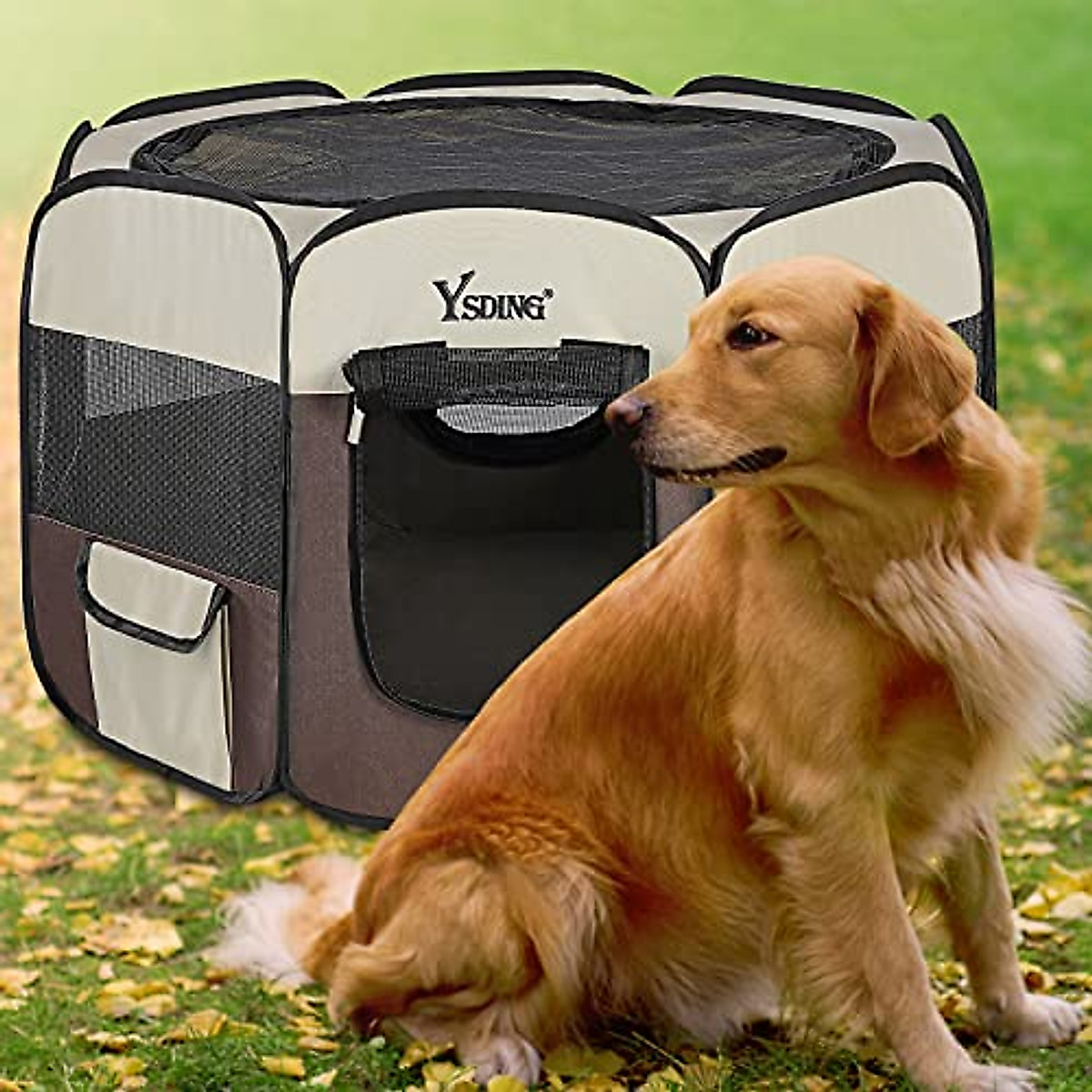 Ysding Portable Foldable Pet Playpen and Puppy Playpen with Free Carrying Case Collapsible Travel Bowl,Indoor/Outdoor Use and Available in Brown 3 Sizes for Various Sizes Dog/Cat/Puppy/Rabbit