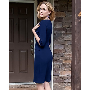 AISIZE Women's Classic V Neck 3/4 Sleeve Work Business Dress Navy Blue