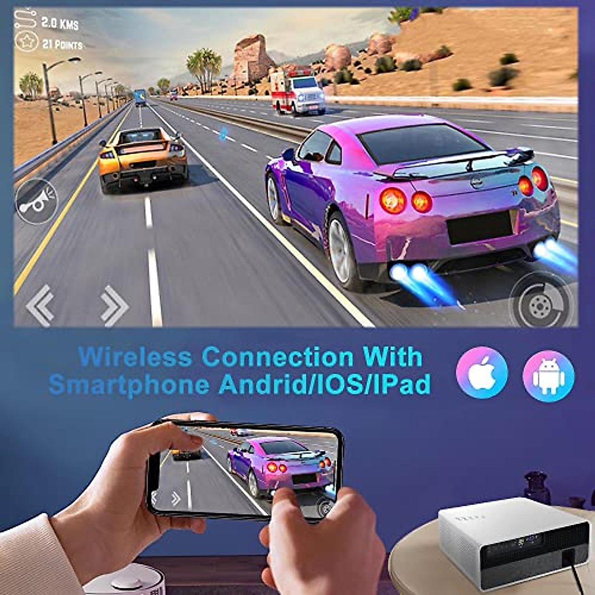 ANXONIT Native 1080P Projector, 500 ANSI Lumens FHD Video Projector, 5G WiFi Screencast, Dual 8W Speakers with Bluetooth, 300" Screen Home Theater,Compatiable with Android/iOS