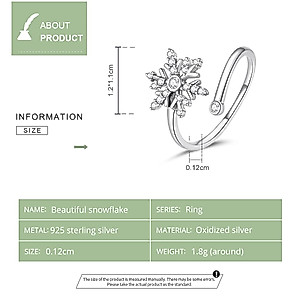 CZ Snowflake Open Statement Rings Sterling Silver 925 Crystal Rhinestone Christmas Frozen Winter Flower Wrap Finger Bands Promise Engagement Wedding Ring Xmas Jewelry for Women