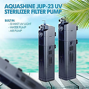 AquaShine JUP-23 Submersible UV Sterilizer for Aquarium - 13W aquarium powerhead with Built in Water and Air Pump - Extra UV Bulb Included - Green Algae Killing Machine.