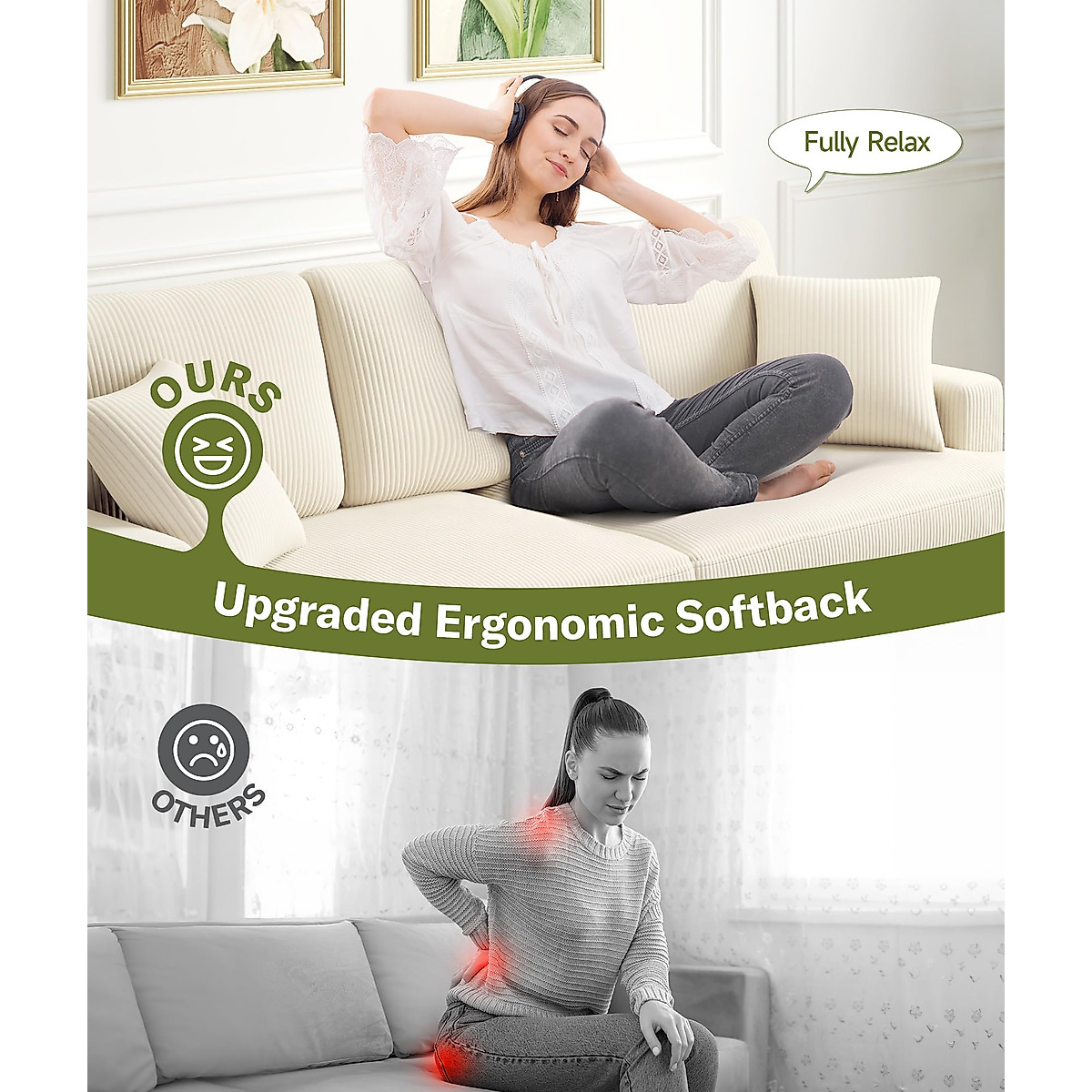 Kidirect 87in Beige White Sofa, Couches for Living Room 21in Extra Deep Seats, Comfy Corduroy Sofas for Living Room No Tool Assembly, Modern Oversized Love Seat with 2 Pillows, Sofa Couch for Bedroom