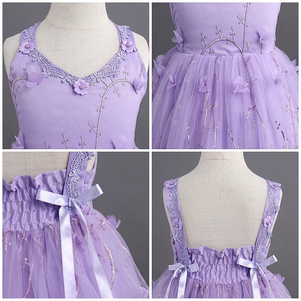 Flower Girl Butterfly Dress for Kids Baby Princess Birthday Wedding Bridesmaid Pageant Formal Party Maxi Dress Toddler Summer Communion Photoshoot Backless Lace Bow Tulle Dresses Purple 6-7 Years