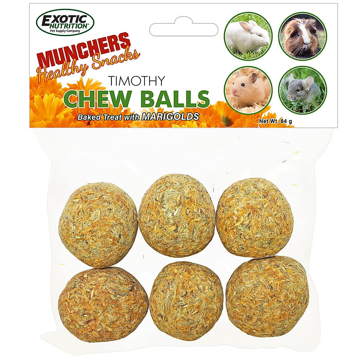Munchers Marigold & Timothy Chew Balls - Healthy Natural Hay & Flower Chew Treat - Guinea Pigs, Hamsters, Rabbits, Degus, Prairie Dogs, Chinchillas, Squirrels, Opossums, Rats, Gerbils & Small Pets