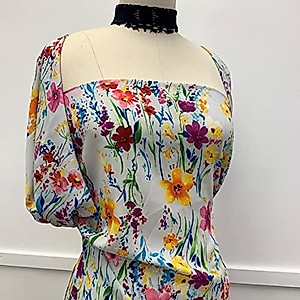 Texco Inc Wool Dobby Botanical Meadow Pattern/100% Poly No Stretch Floral Prints Woven Decoration Apparel Home/DIY Fabric, Pale Blue Pink 10 Yards