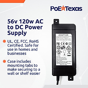 PoE Texas 56v 120w PoE Compatible Power Supply with Wall Mounting Tabs - Easy Installation for Long Distance Power Over Ethernet Network Switch, Injector, Adapter, Extender, 802.3af, 802.3at Devices