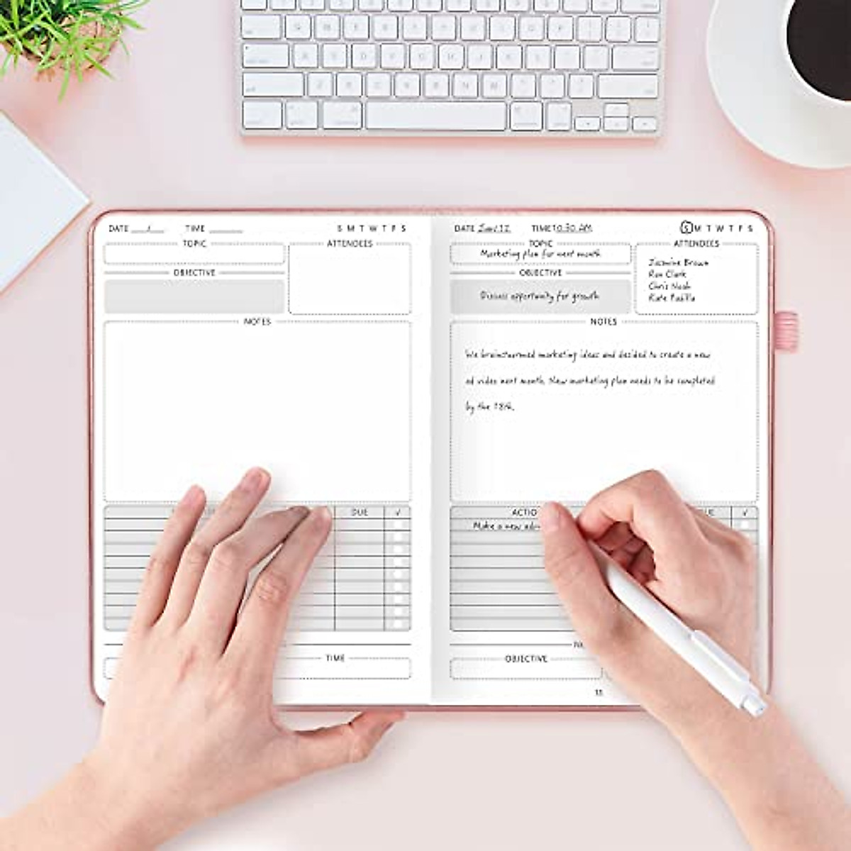 Elegant Meeting Notebook for Work with Action Items, Premium Leatherette Hardcover Meeting Planner with Numbered Pages, 7 x 10" Project Planner Notebook for Office Business Meeting Notes Agenda Organizer for Men & Women, 168 Pages (Rose Gold)