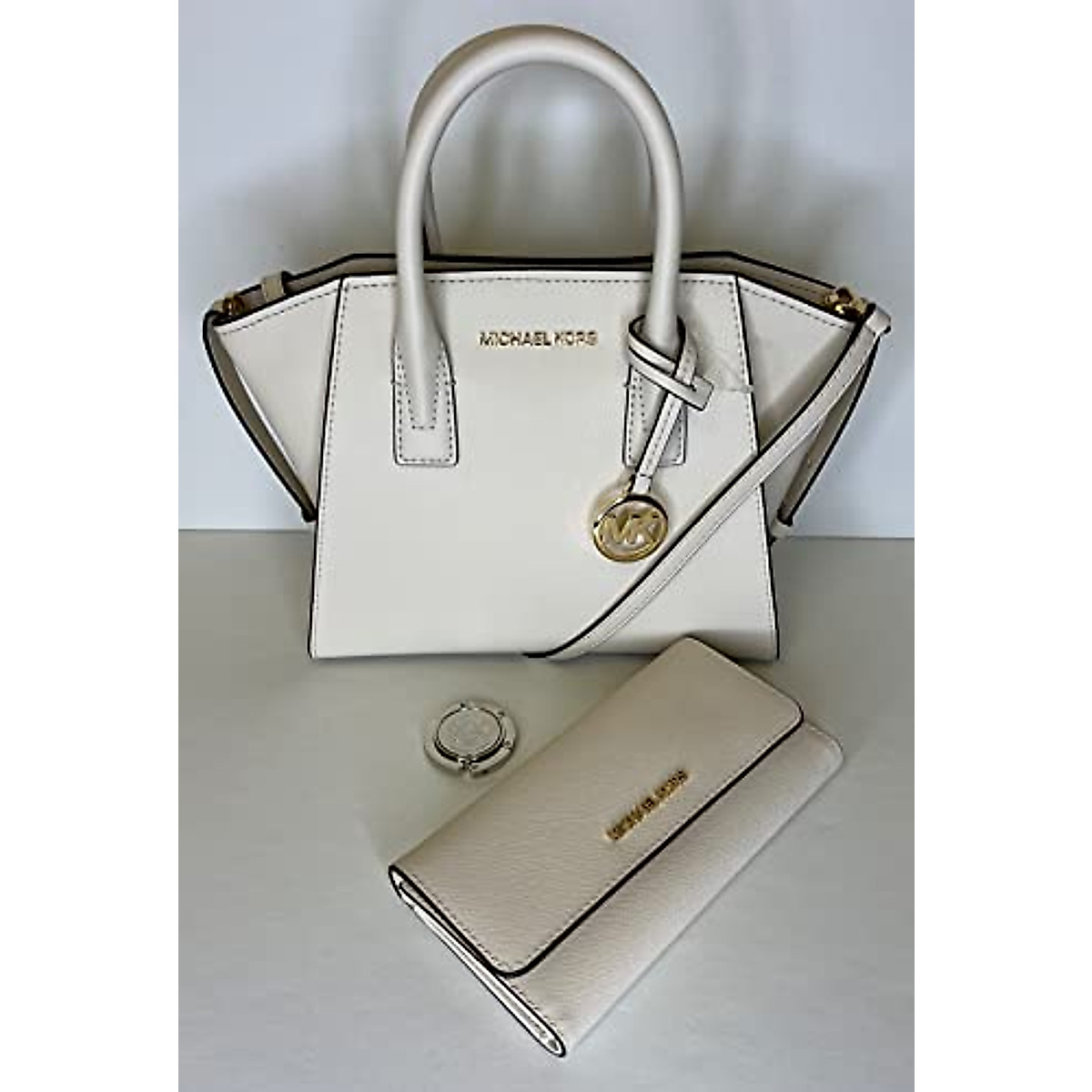 Michael Kors MICHAEL Michael Kors Avril Small Logo Top-Zip Satchel bundled with Trifold Wallet Purse Hook (Lt Cream)