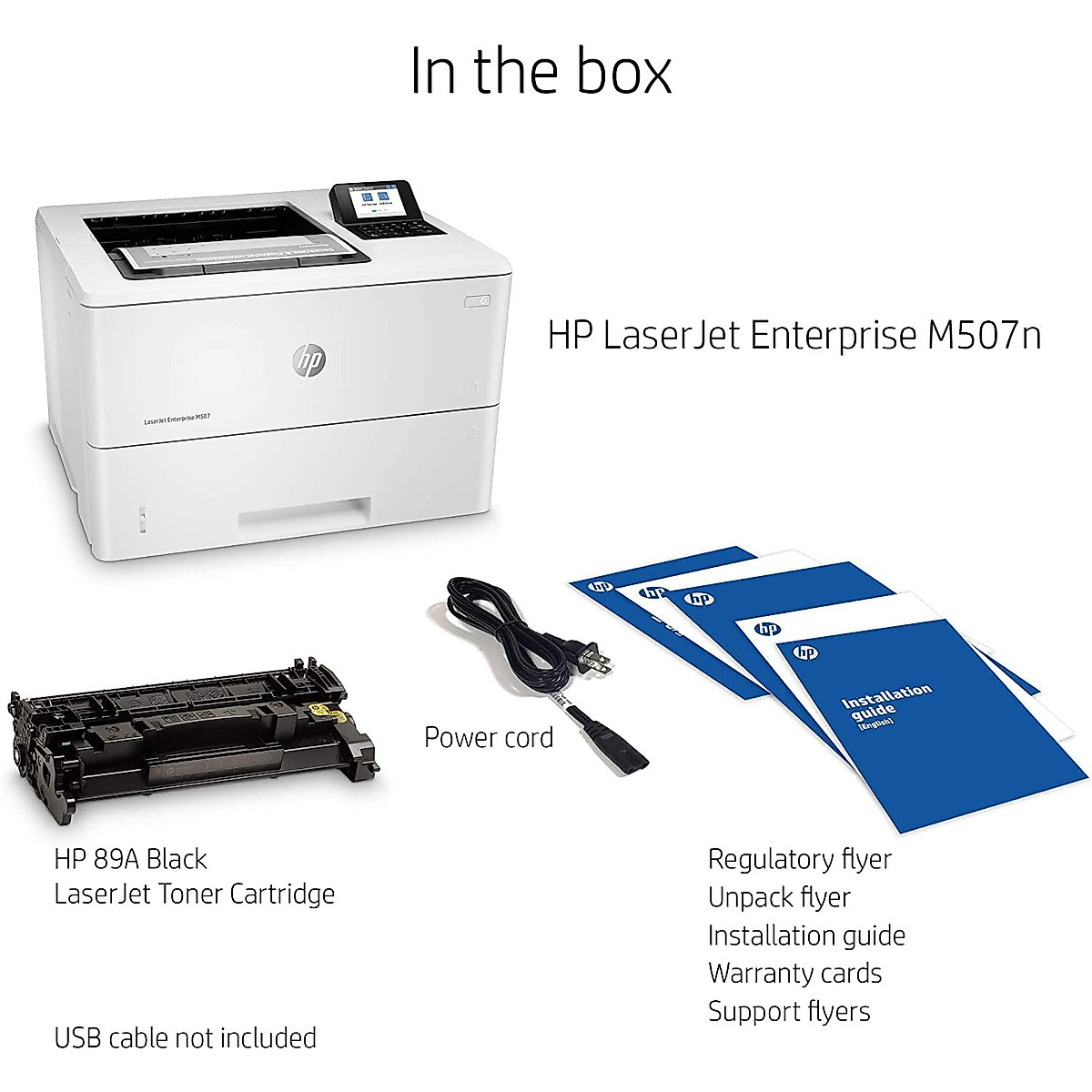 HP Laserjet Enterprise M507n Single-Function Wired Monochrome Laser Printer - Black/White Print Only - 2.7" LCD, 45 ppm, 1200 x 1200 dpi, Manual Duplex Printing, USB and Ethernet, Cbmou Printer Cable