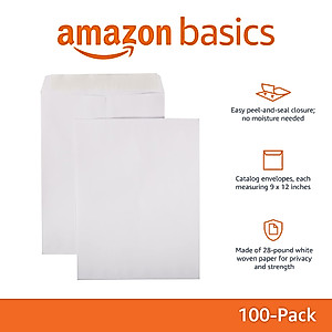 Amazon Basics Catalog Mailing Envelopes, Peel & Seal, 9x12 Inch, 100-Pack, White