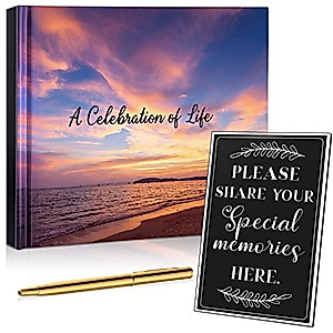124 Pages Funeral Guest Book Celebration of Life Guest Book for Memorial Service Hardcover Guest Book, in Loving Memory Golden Pen and Memory Table Card Sign Included, Set of 3 Pieces(Elegant Style)