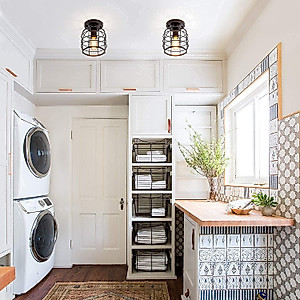 Industrial Black Semi Flush Mount Ceiling Light, Farmhouse Mini Cage Ceiling Lighting Fixture, Vintage Caged Ceiling Lamp for Entryway, Kitchen, Bedroom, Laundry Room, Hallway, Dining Room