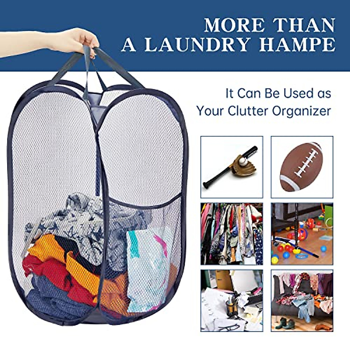 ZOES HOMEWARE Pop up Laundry Hamper 2 Pack | Collapsible Laundry Baskets | Foldable Travel Laundry Basket with Durable Handle for Kids,Dorm,Laundry Room | Navy Blue