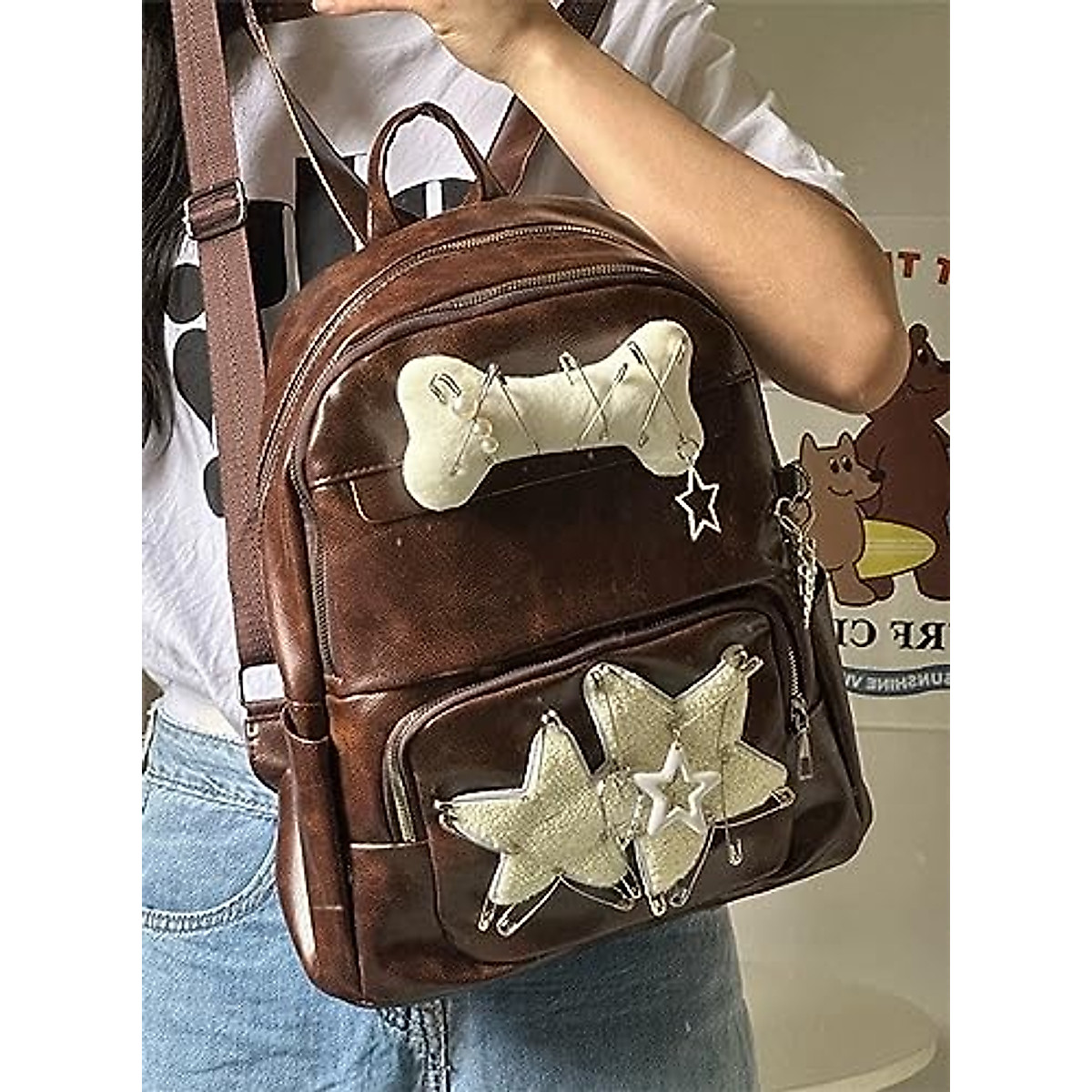 JHTPSLR Y2K Gothic Backpack Vintage Aesthetic PU Leather Backpack Y2K Gothic Accessories Backpack Grunge Y2K Backpack Trendy Backpack (Retro Brown)
