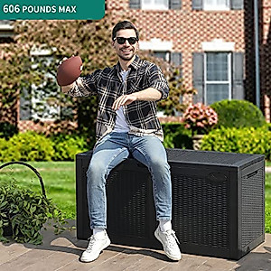 YITAHOME 100 Gallon Large Deck Box w/Storage Net, Resin Outdoor Storage Boxes, Waterproof Patio Cushion Storage Bench for Patio Furniture, Pool Supplies, Garden Tools- Rattan,Lockable (Black)