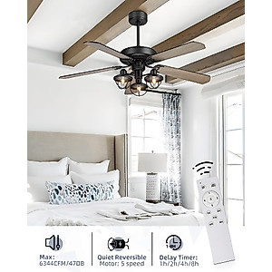 YOUKAIN Farmhouse Wooden Ceiling Fans, 52 Inch Industrial Ceiling Fan with 3 Lights and Remote Control, 5-Reversible Blades Indoor/Outdoor, Matte Black/Barnwood Finish, 52-YJ631
