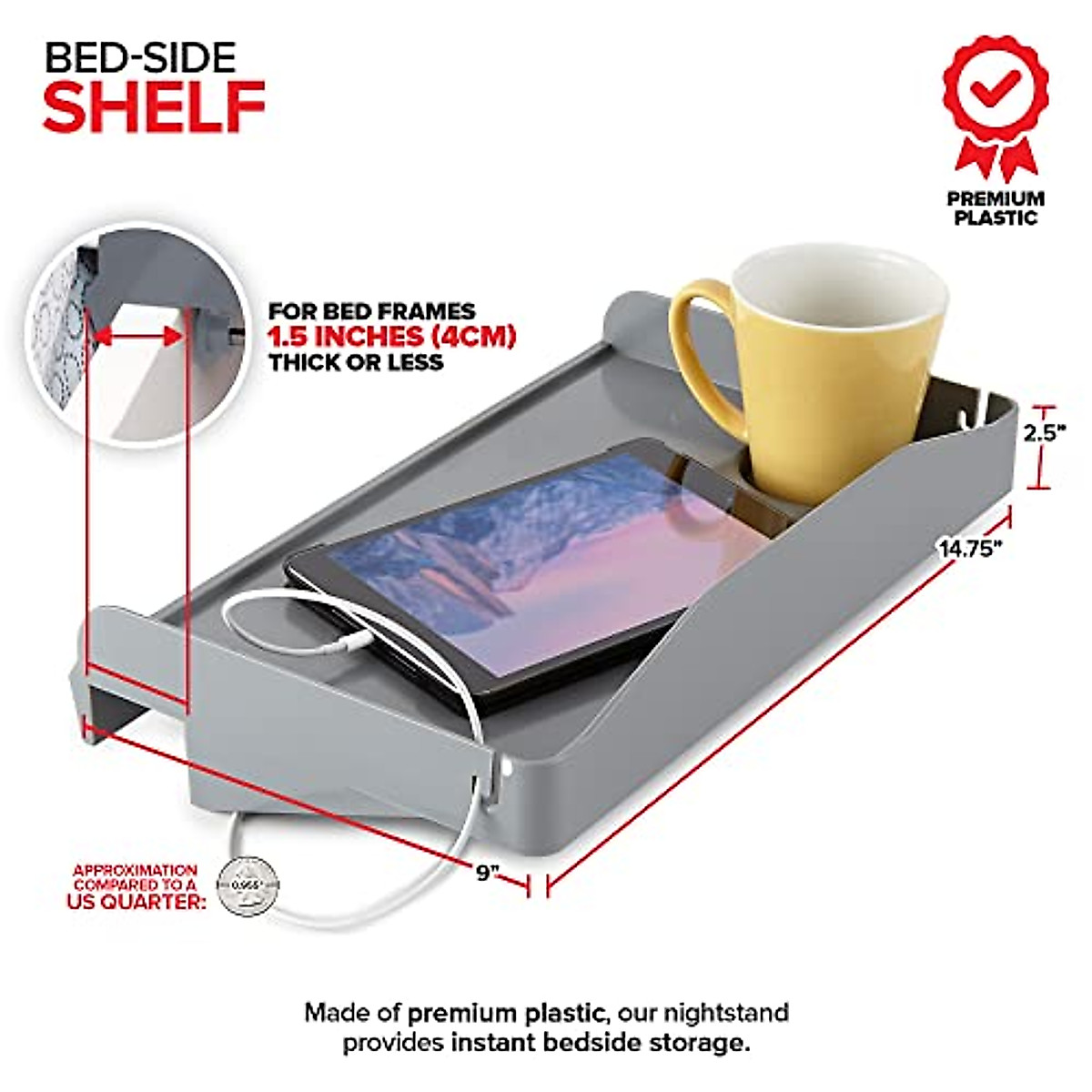 Modern Innovations Bedside Shelf for Bed, College Dorm Room, Bunk Bed Shelf for Top Bunk, Clip On Nightstand Tray with Cord and Cup Holder, Bunkbed Caddy for Table Storage (Dark Gray)