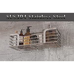 shfhesive Adhesive Bathroom Shower Shelves(2 Pack), SUS304 Stainless Steel Rustproof Shower Caddy Shower Racks for Inside Shower, No Drilling Bathroom Shower Organizer with 4 Hooks(Black)