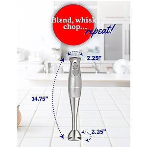 BETTY CROCKER Immersion Blender for Home & Kitchen, 2-Speed Hand Mixer Electric Handheld with Stainless Steel Blade, Beaker & Whisk, 250W Portable Blender with Ergonomic Handle, Silver