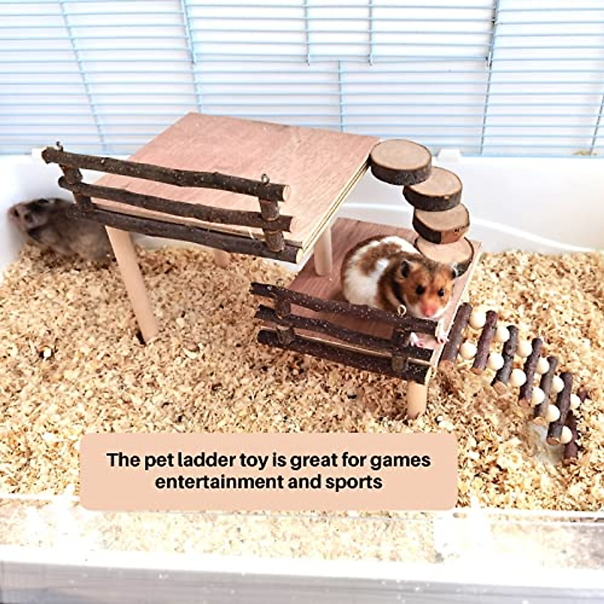 Hamster Climbing Toys Wooden Two-Tier Hamster Playground Activity Platform with Bridge Apple Wood Chewing Toys for Small Pets (Large)