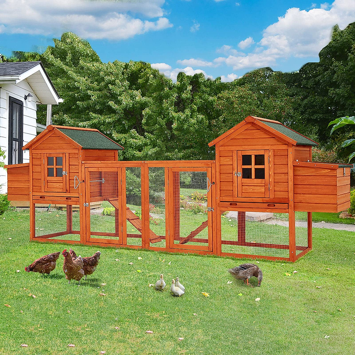 Esright 144” Large Wooden Chicken Coop, Outdoor Hens House with Ramps and Nesting Boxes