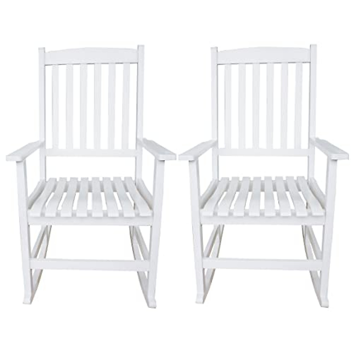 BTEXPERT Indoor Outdoor Slatted Wooden Front Rocking Chair Garden Deck Porch Rocker, Furniture, White, Set of 2