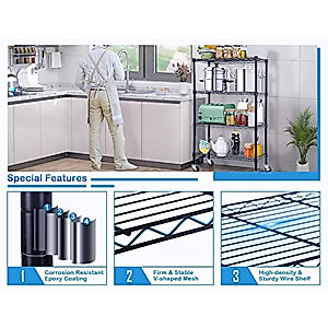 4-Tier Storage Shelves, Wire Shelving Shelf Organizer Height Adjustable Heavy Duty Metal Shelving with Wheels,NSF Certified 36""L*14""W*62""H" Shelving Unit for Kitchen,Bathroom,Office,Pantry(Black)
