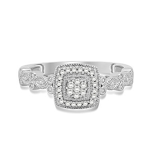 Jewelili Sterling Silver 1/10 Cttw Natural White Round Diamond Engagement Ring, Size 7