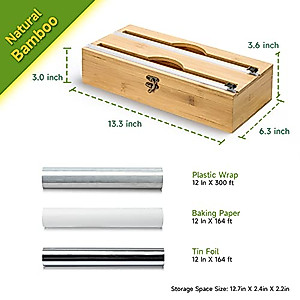 JIAFUEO Foil and Plastic Wrap Organizer, 2 in 1 Plastic Wrap Dispenser with Cutter and Labels, Aluminum Foil Organization and Storage, Bamboo 12" Roll Organizers Holder for Kitchen Drawer