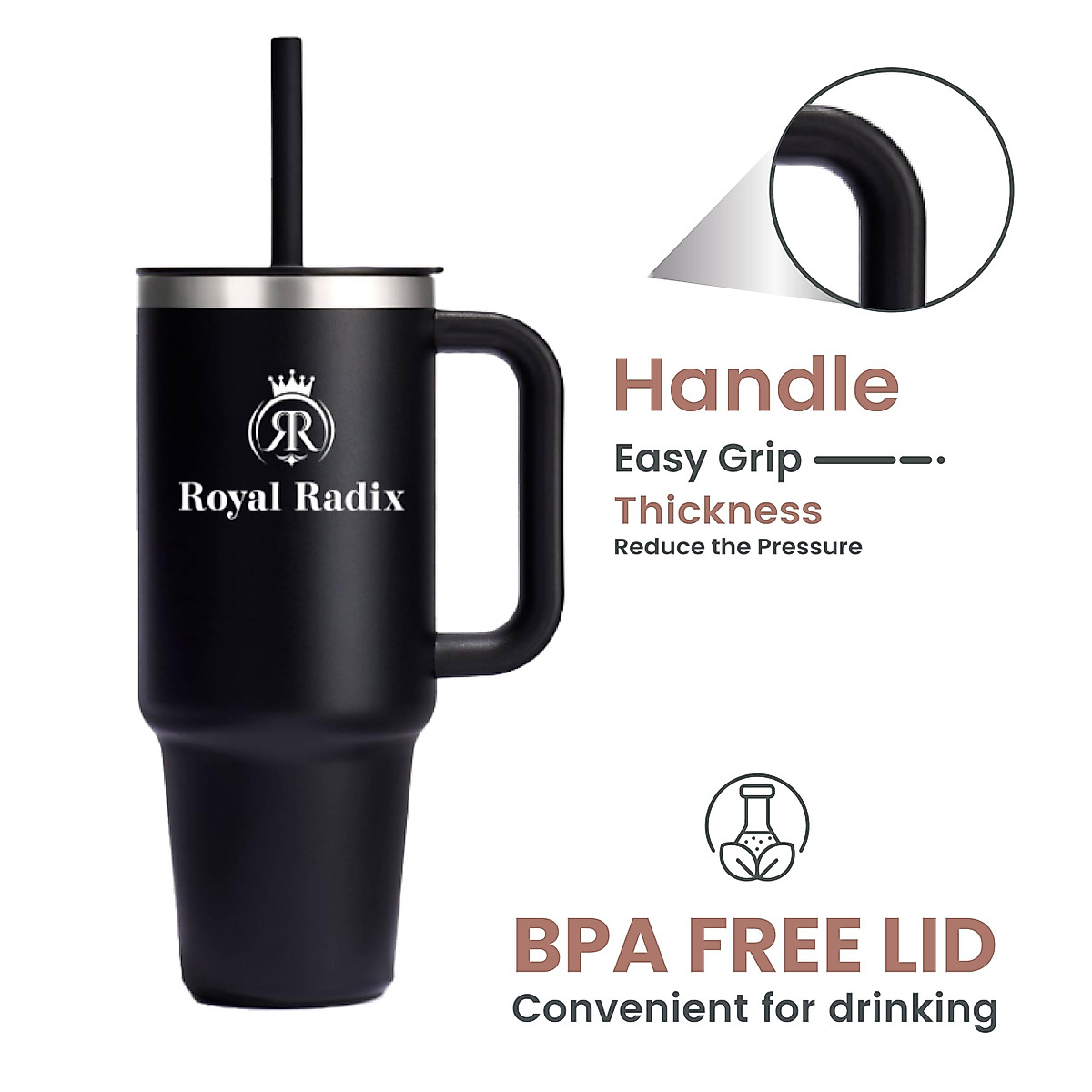 Royal Radix 40oz Insulated Tumbler with Handle & Straw, Stainless Steel Travel Mug, Leak-Proof, Hot & Cold Beverage Cup, BPA-Free, Dishwasher Safe, for Coffee & Water