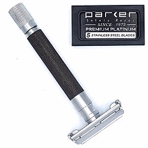 Parker 74R Graphite Gray - Long Handle Heavyweight Butterfly Open Double Edge Safety Razor for Men, 5 Parker Premium Platinum Double Edge Razor Blades included