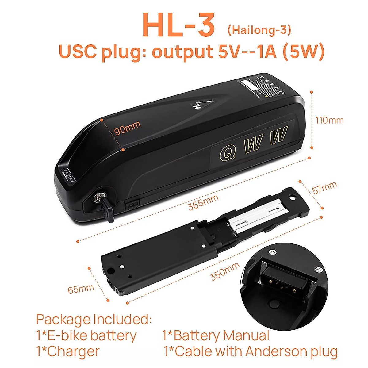 QWW 48V13AH 1400W Electric Bicycle Battery with Waterproof Bag and Charger