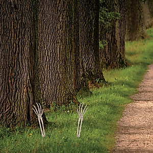 Beistle 2 Piece 17.5" Spooky Theme Plastic Skeleton Hand Yard Stakes Scary Halloween Lawn Decorations, Celebrating With You Since 1900, White/Gray