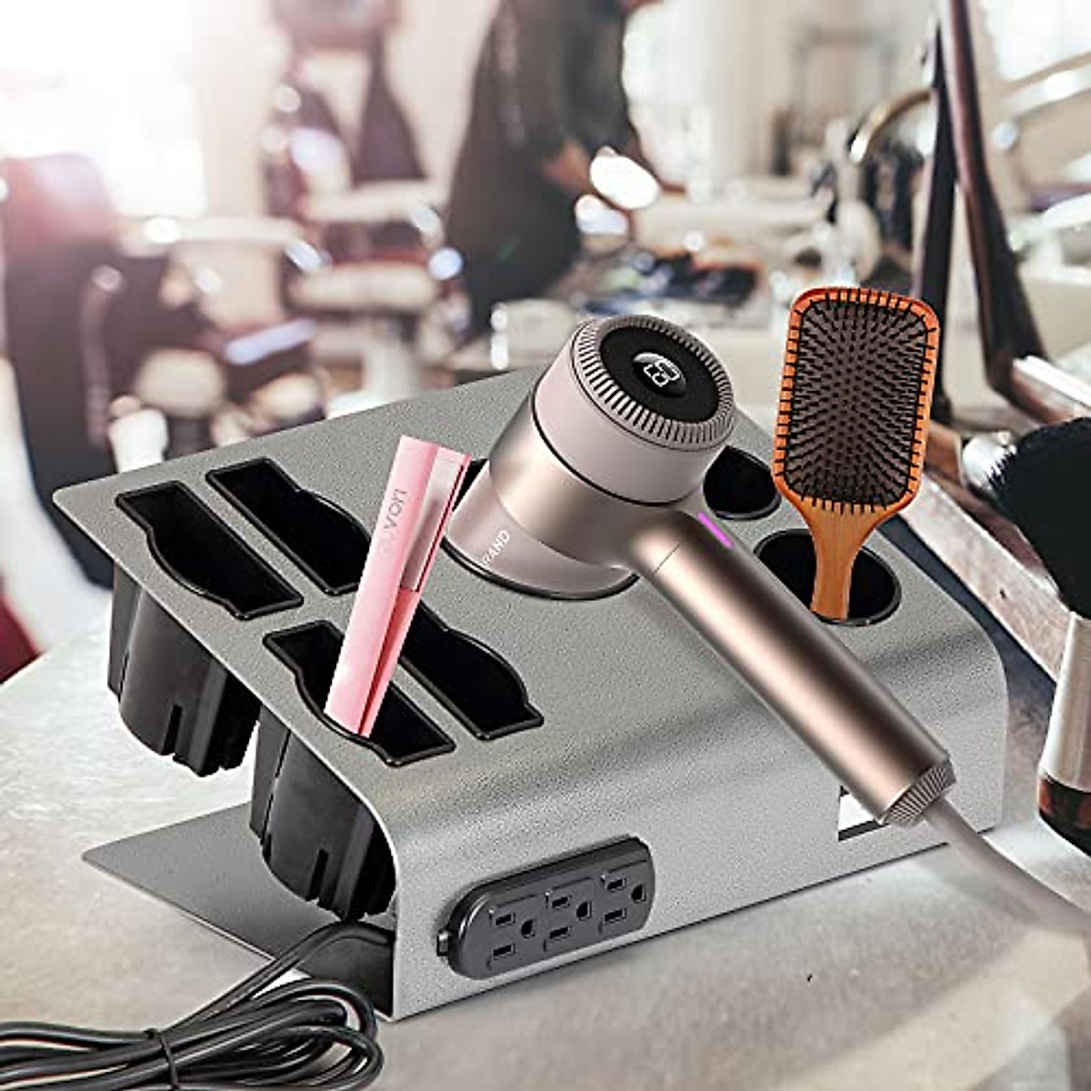 PENNYNANA Large 8-Hole Salon Desktop Hair Iron & Blow Dryer Holder，Hair Tool Organizer Barber Organizer w/ 3-Plug Outlet,Metallic…