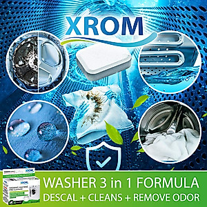 XROM Plant Based, Washer Cleaner 3 in 1 Formula, Removes Odors, Limescale & Detergent Build-Up, Removes Hard Water Stains, For Front and Top Load, 6 Per Pack (Original)