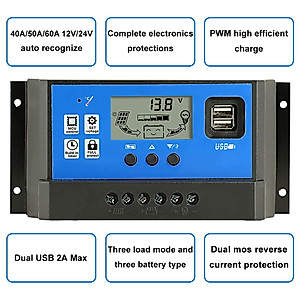 60A Solar Charge Controller Solar Panel Charger Controller 12V/24V, Adjustable LCD Display with 5V Dual USB Timer Setting with 2 PCS Solar Connectors Y Branch Parallel Adapter Cable for Solar Panel