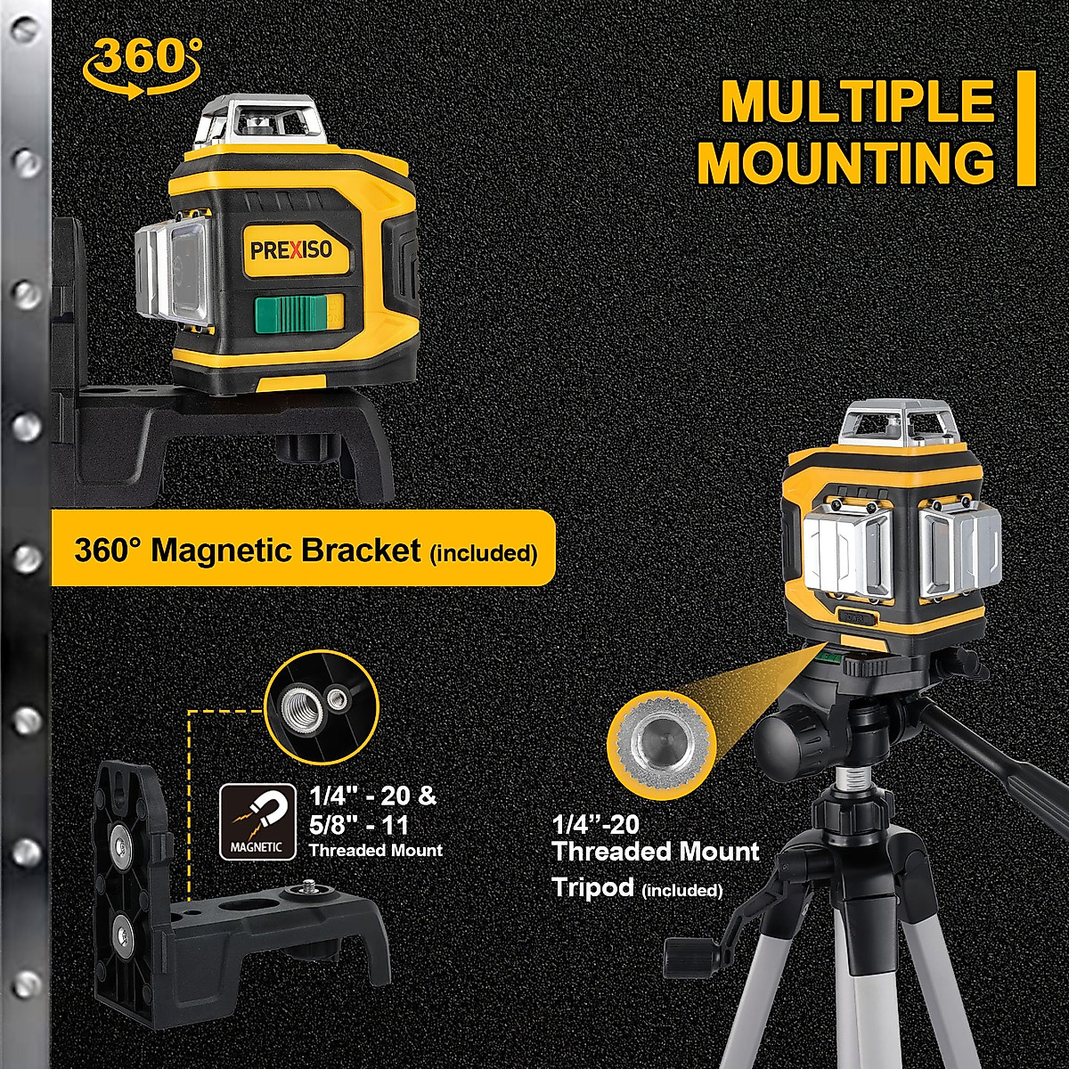 PREXISO Laser Level 3 X 360° Self Leveling - Rechargeable Cross Line Leveler, Green Line Laser Level with Tripod, Magnetic Base, Green Glasses, Portable Bag for Construction, Tile, Home Renovation