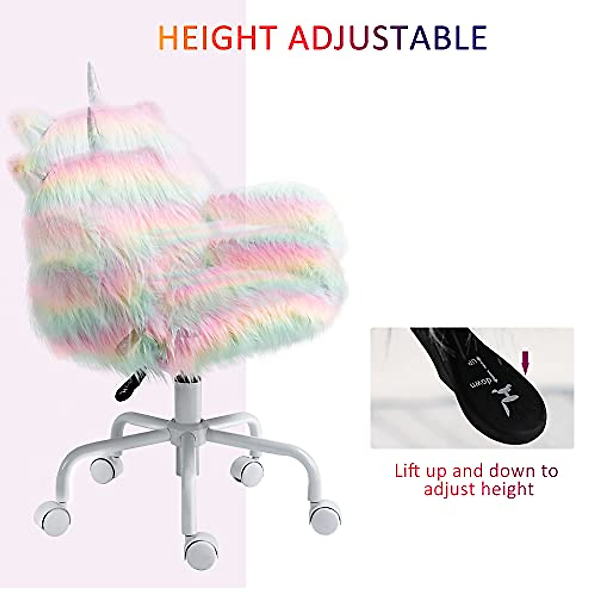 HOMCOM Fluffy Unicorn Office Chair with Mid-Back and Armrest Support, 5 Star Swivel Wheel White Base, Rainbow