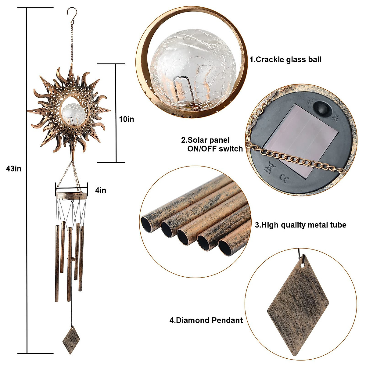 Sun Wind Chimes Solar Retro Windchimes Sympathy Gift, Wind Chimes Outdoor, Gifts for mom, Gifts for Grandma, mom Gifts, Memorial Wind Chimes.