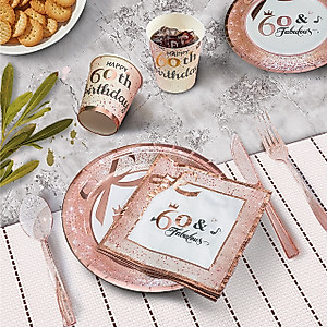 HOMIX 60 and Fabulous Party Plates Napkins Cups Sets Rose Gold with Plastic Cutlery Sets Serves 24 for Women 60th Birthday Party Supplies and Decorations