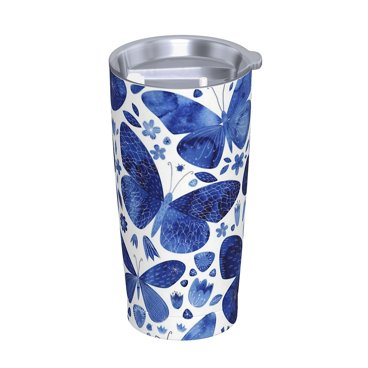 EVANEM 20 Oz Stainless Steel Tumbler With Straw Cleaner Blue Butterflies Printed Insulated Cup Travel Coffee Mug Vacuum Insulated Tumblers For Home Office