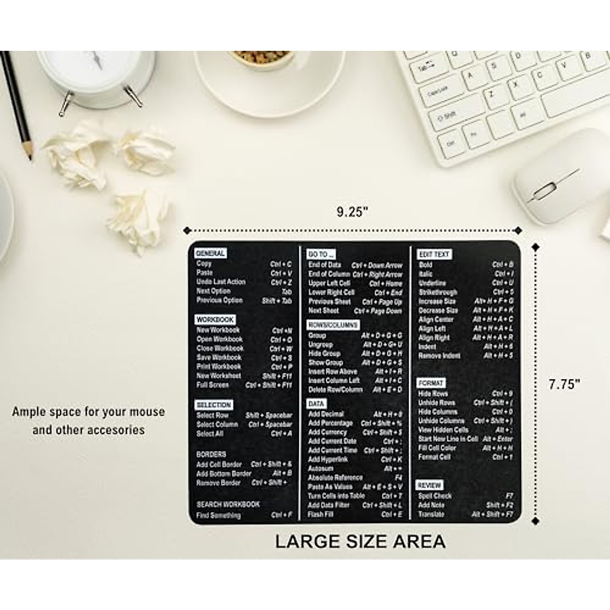 Monilee and Bella Excel Shortcuts Mouse Pad - 66 Reference Cheat Sheet Guide Keyboard Shortcut Formulas - The Ultimate Productivity Tool 7.75" x 9.25" (Solid Black Print)
