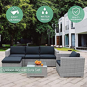 Polar Aurora 6pcs Patio Furniture Set PE Gray Rattan Wicker Sectional Outdoor Sofa Set Outside Couch w/Black Washable Seat Cushions & Modern Glass Coffee Table