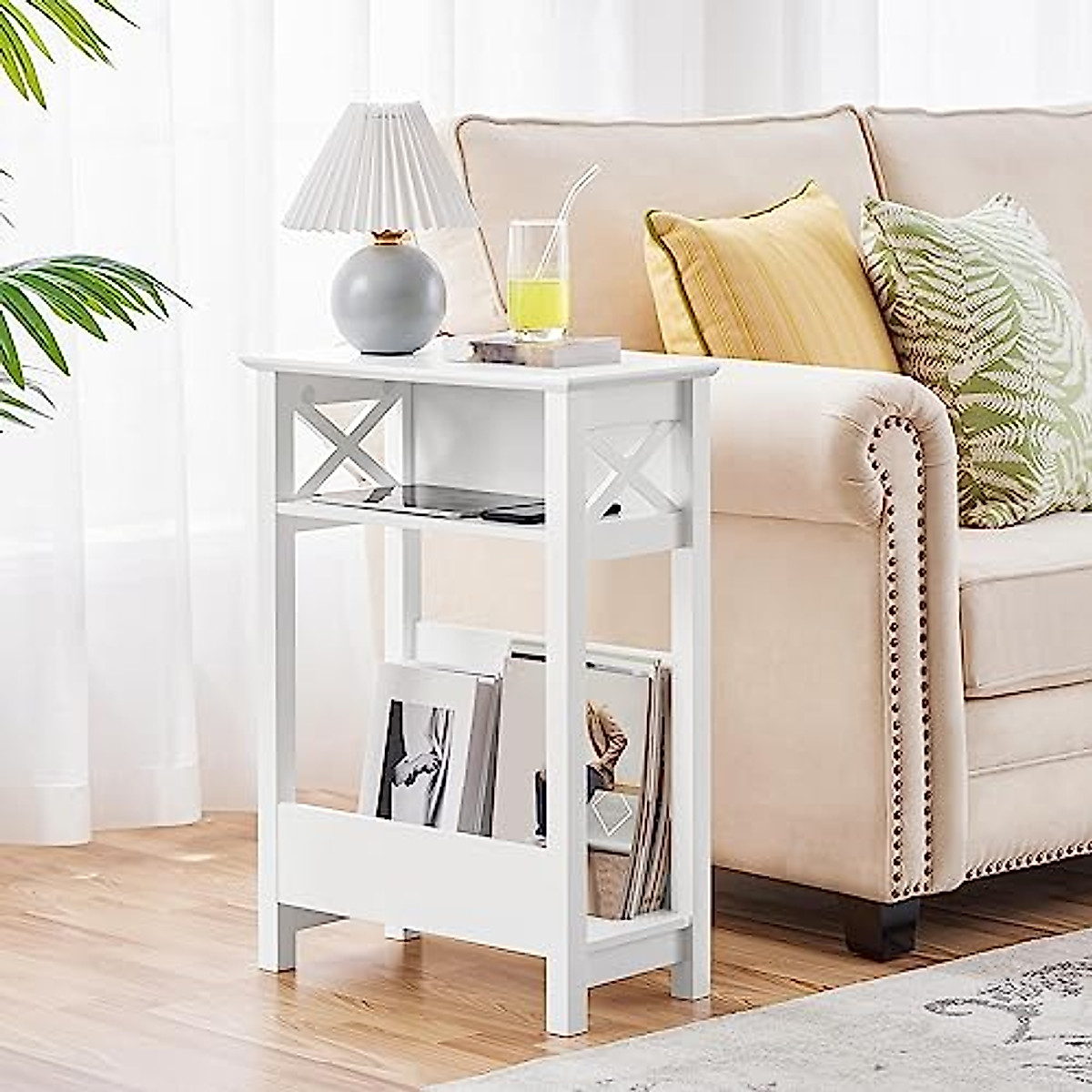 Yaheetech Small Side Table with Storage Shelf, 3-Tier Slim End Table with Magazine Rack, X Shaped Magazine Table for Living Room Home Office Balcony Small Spaces, 20? L � 10? W � 28? H, White