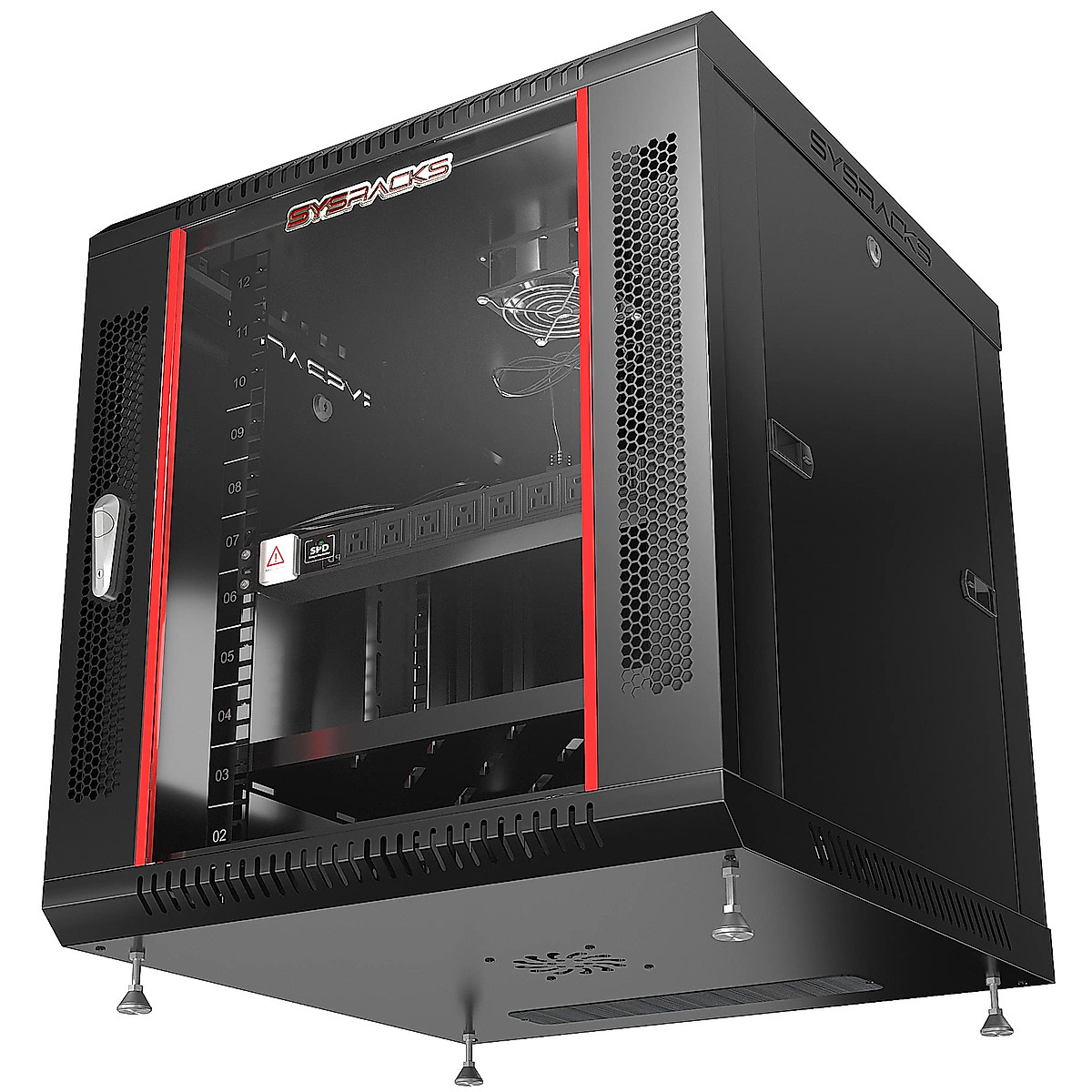 Sysracks 12U 24 inch Depth Wall Mount Server Cabinet Enclosure Rack Glass Door - 8-Way PDU - Cooling Fan - Vented Shelf - Feet - Hardware