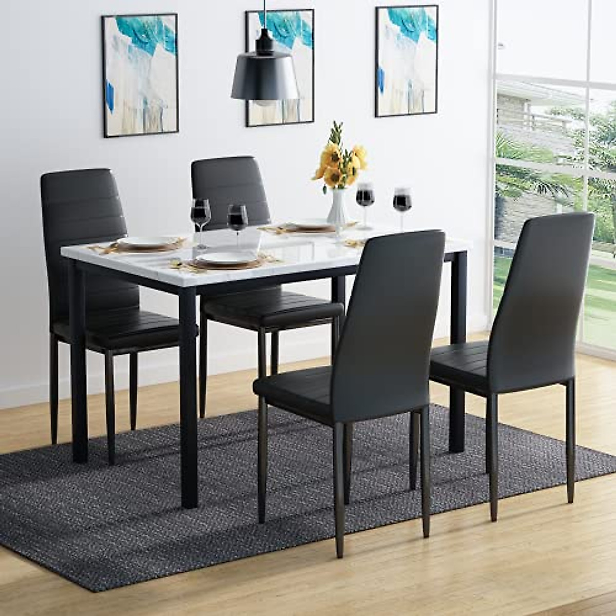 Lamerge Kitchen Tables Set for 4, Dining Faux Marble Top Table and 4 PU Leather Chairs, 5 Pieces Dining Room Table Set for Small Space, Breakfast Nook and Apartment, Black