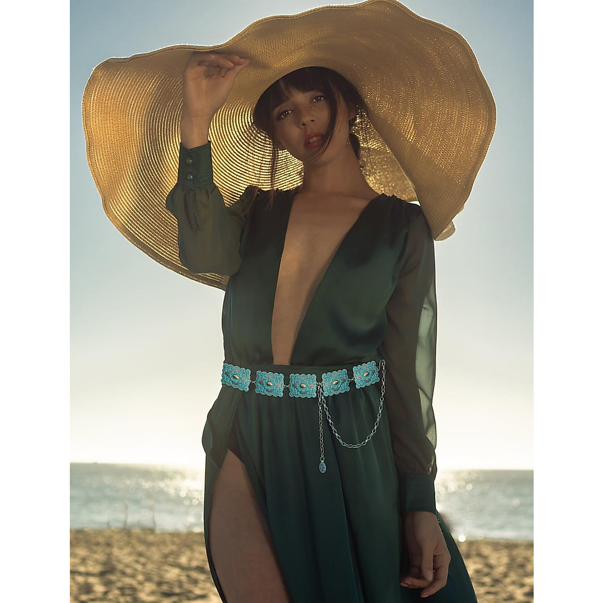 TOPACC Turquoise Concho belts for Women Western Square Teal Metal Cowgirl Boho Chain Belt for Dresses Jeans Country Concert Outfit