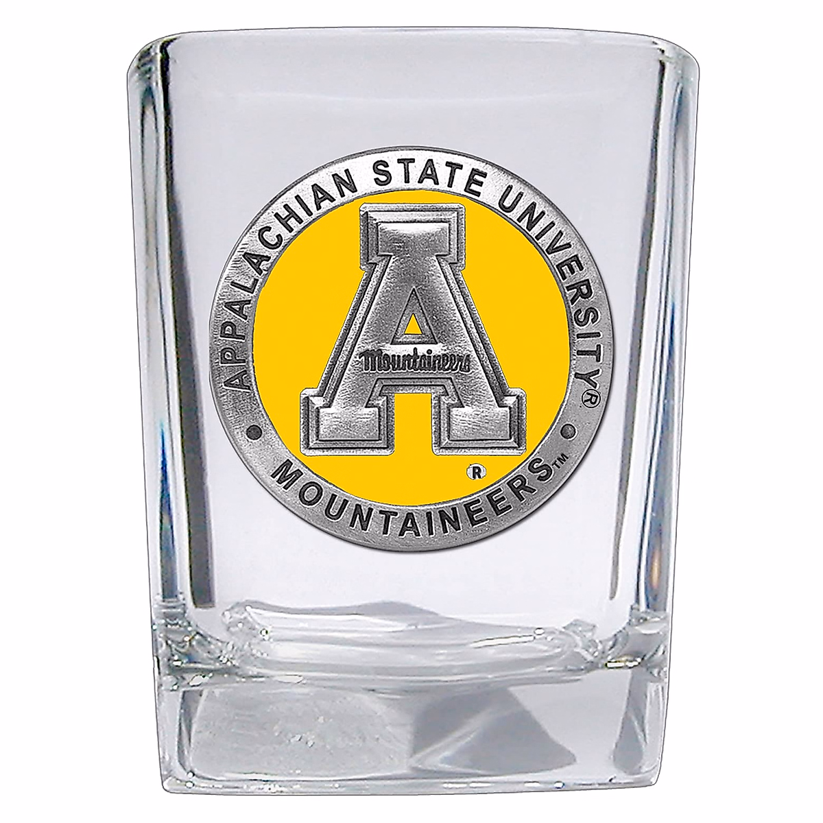 Heritage Pewter Appalachian State University Square Shot Glass | Hand-Sculpted 1.5 Ounce Shot Glass | Intricately Crafted Metal Pewter Alma Mater Inlay