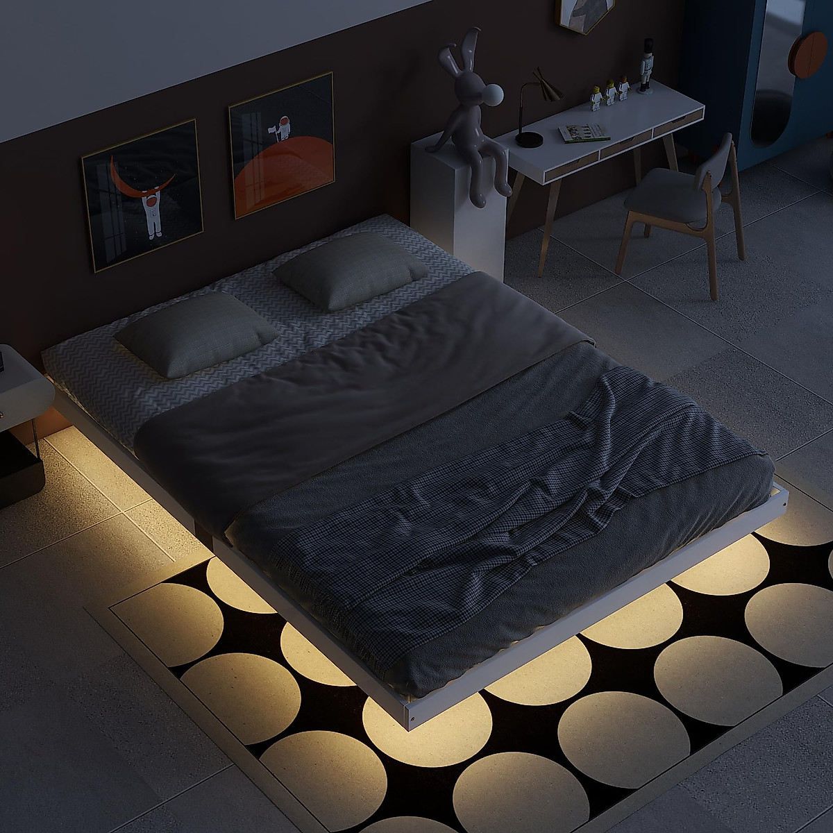 Dolonm Queen Size Bed Frame, Floating Bed Frame with LED Lights, Modern Low Profile Platform Bed Frame, Solid Pine Wood Slats Support, Noise Free, No Box Spring Needed, Easy Assembly, White