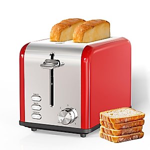 Simple Deluxe 2-Slice Toaster, Stainless Steel Toaster, 6 Browning Setting and 3 Function, Extra Wide Slot & Removable Crumb Tray, for Bread & Waffle, Red